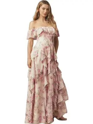 Bhldn Chiffon Ruffle Maxi Dress - Pink Pattern