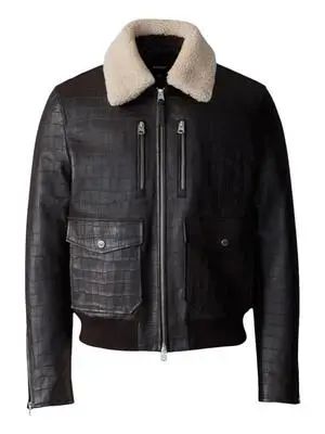Mackage Croc-embossed Leather Jacket With Shearling Collar - Coffee