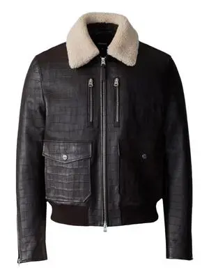 Mackage Chance-nv Croc-embossed Leather Jacket With Shearling Collar - Coffee
