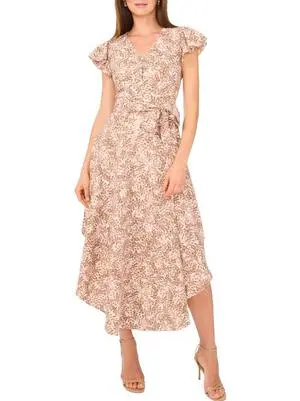 Vince Camuto Abstract Print Flutter Sleeve Midi Dress - Camel