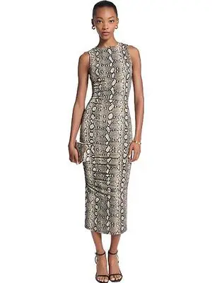 Michael Kors Snake Print Stretch Jersey Ruched Midi Dress - Natural