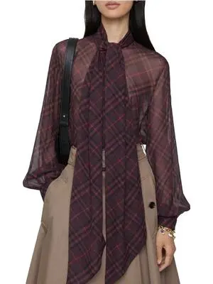 Burberry Check Silk Scarf Blouse - Wine Red