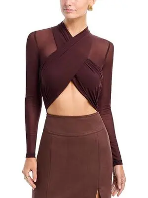 Bardot Aliyah Wrap Long Sleeve Bodysuit - Chocolate