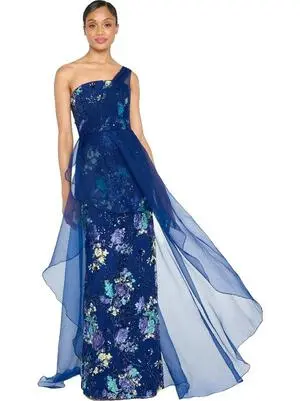 Theia Noemi Beaded Column Gown With Overlay - Blue