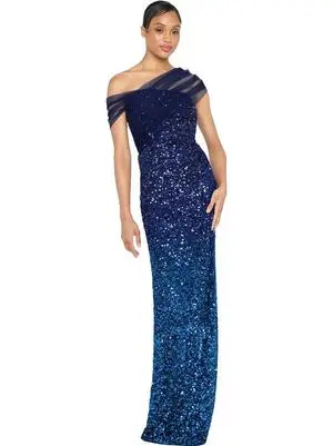 Theia Dina Beaded Column Gown - Navy