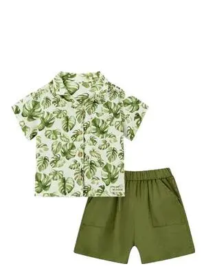 MILKBARN Linen Button-up Shirt And Shorts Set - Island Leaf
