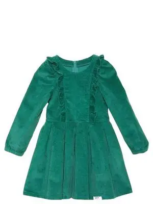 WORTHY THREADS Long Sleeve Ruffle Dress - Green Corduroy