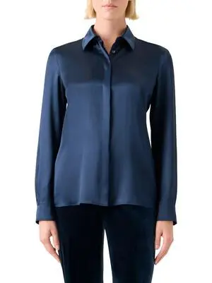 Akris Stretch Silk Satin Button-Up Shirt Denim Blue