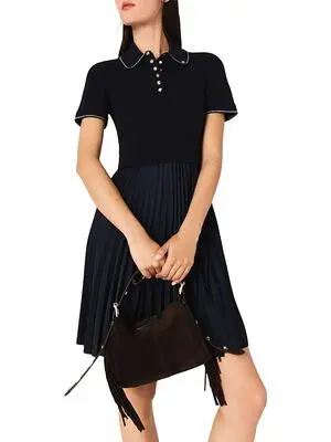 Maje Short Pleated Polo Dress - Navy