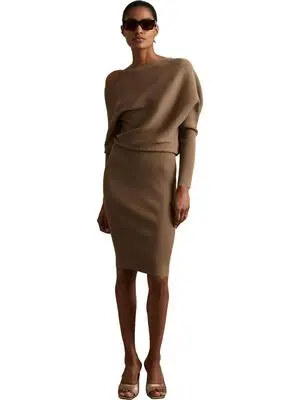 REISS Lara Off-the-shoulder Ribbed Midi Dress - Mink