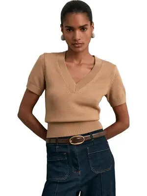 REISS Cotton-wool Knit V-neck Top - Camel