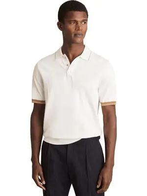REISS Portman Tipped Knit Polo Shirt - White/camel