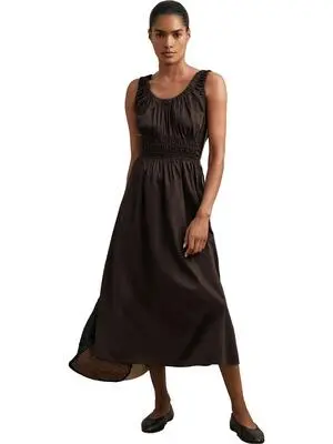REISS Anouk Cotton Craft-stitch Shirred Midi Dress - Brown