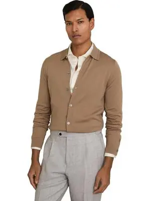 REISS Forbes Merino Wool Button-through Cardigan - Camel
