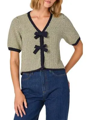 Astr The Label Bow Detailed Short Sleeve Cardigan - Navy Yellow Chevron