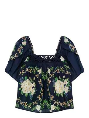 Farm Rio Floral-print Puff-sleeve Blouse - Blue