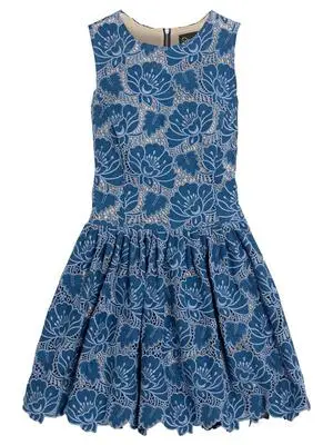 Oscar De La Renta Pleated Guipure Lace Denim Mini Dress - Mid Denim