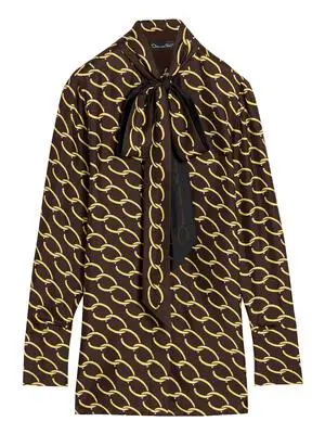 Oscar De La Renta Printed Silk-twill Pussy-bow Blouse - Dark Brown