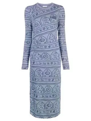 GANNI Zodiac Logo-print Jersey Dress - Blue