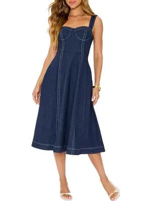 VICI Rey Bustier Bodice Denim Midi Dress - Dk Denim Blue