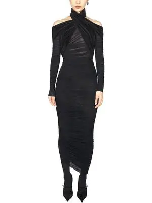 MUGLER Cross-Neckline Draped Midi Dress