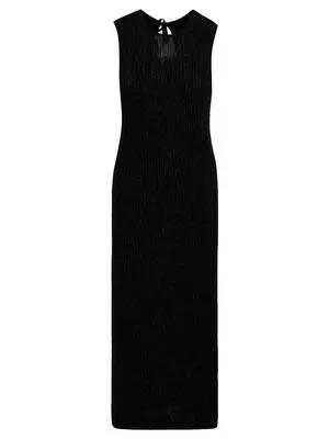 AKEP Ribbed American Neckline Long Dress - Black