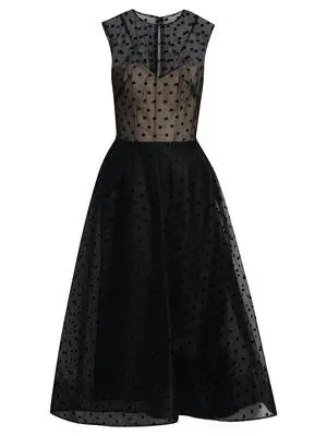 Monique Lhuillier Polkadot Flocked Tulle Midi Dress - Black