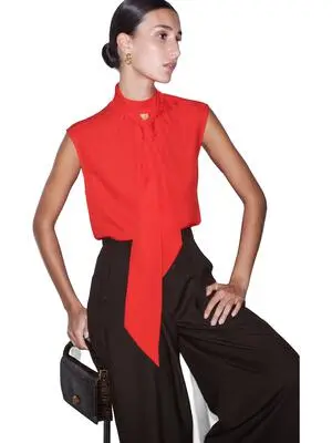 ME+EM Tie-neck Silk Top - Poppy Red