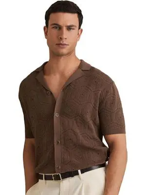 REISS Royce Pointelle Button-through Shirt - Brown