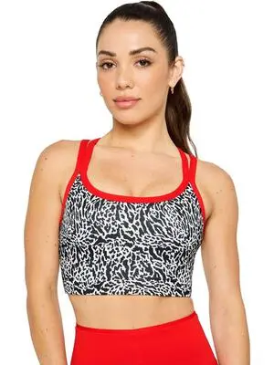FABLETICS Principal Longline Medium Impact Sports Bra Mixed Leopard/heated Red