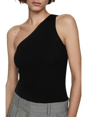 Mango Ribbed One-shoulder Top - Black