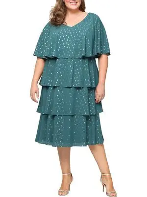 SL FASHIONS Metallic Foil Dot Tiered Chiffon Cocktail Midi Dress - Pine