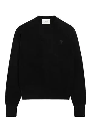 Ami Wool Crewneck Sweater With Contrasted De Coeur Embroidery - Black