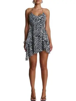 Naked Wardrobe Zebra Halter Chiffon Mini Dress - Zebra White/black