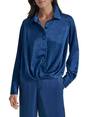 Dkny Twist Front Crinkle Satin Shirt - Cadet Blue