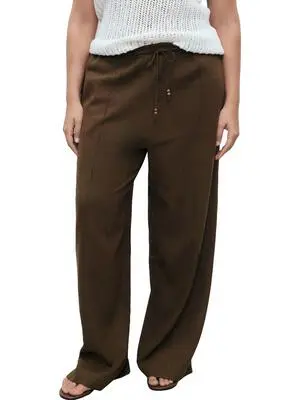 Mango Drawstring Waist Linen Blend Pants - Medium Brown