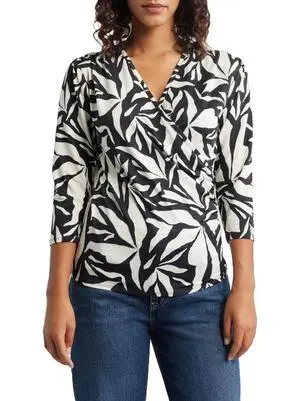 Loveappella Faux Wrap Top - Black/ivory