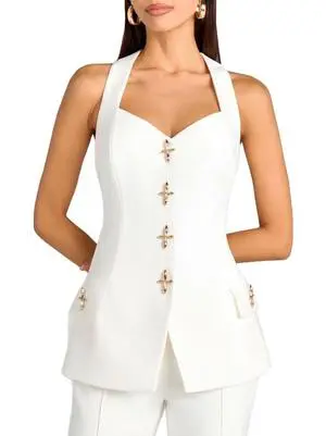 NADINE MERABI Zoe Novelty Button Long Vest - White