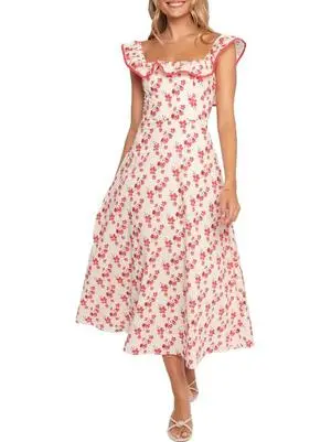 PETAL & PUP Lucille Floral Ruffle Cotton Midi Dress - Red Floral