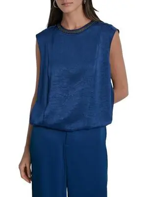 Dkny Chain Detail Sleeveless Crinkle Satin Top - Cadet Blue