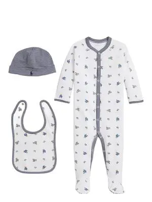 Ralph Lauren Cotton Interlock Footie With Bib And Hat - White Blue Multi