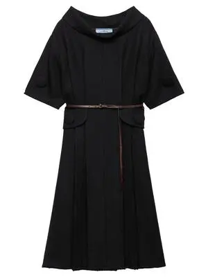 Prada Short-sleeve Chevron Wool Dress With Belt - Black