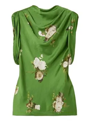 Erdem Draped Floral-print Crinkled-satin Top - Green
