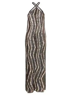 Missoni Halterneck Metallic Knitted Midi Dress - Brown Tones Stripes
