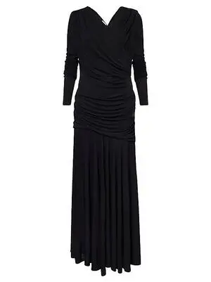 GANNI Woven Maxi Dress With Ruching And Long Sleeves - Black