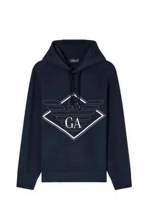 Emporio Armani Double-jersey Hooded Sweatshirt With Oversized Eagle Embroidery - Navy