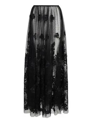 Giorgio Armani Long Skirt In Tulle And Embroidered Lace - Black