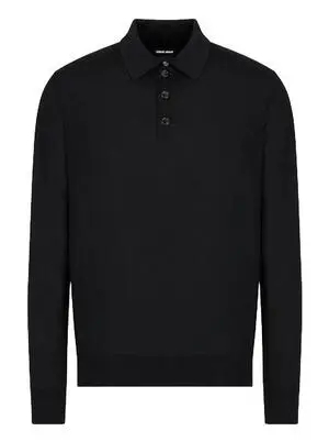 Giorgio Armani Long-sleeved Polo Shirt In Virgin Wool - Black