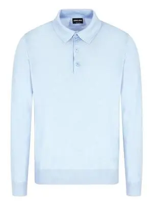 Giorgio Armani Long-sleeved Polo Shirt In Virgin Wool - Blue