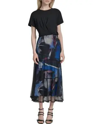 Dkny Printed Skirt Mixed Media Dress - Blue Brush